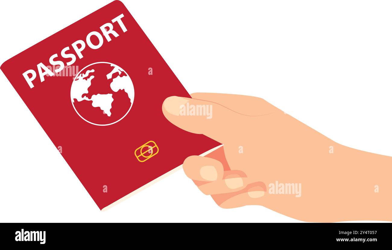 Flat design of hand holding passport. Vector international red cover of ...
