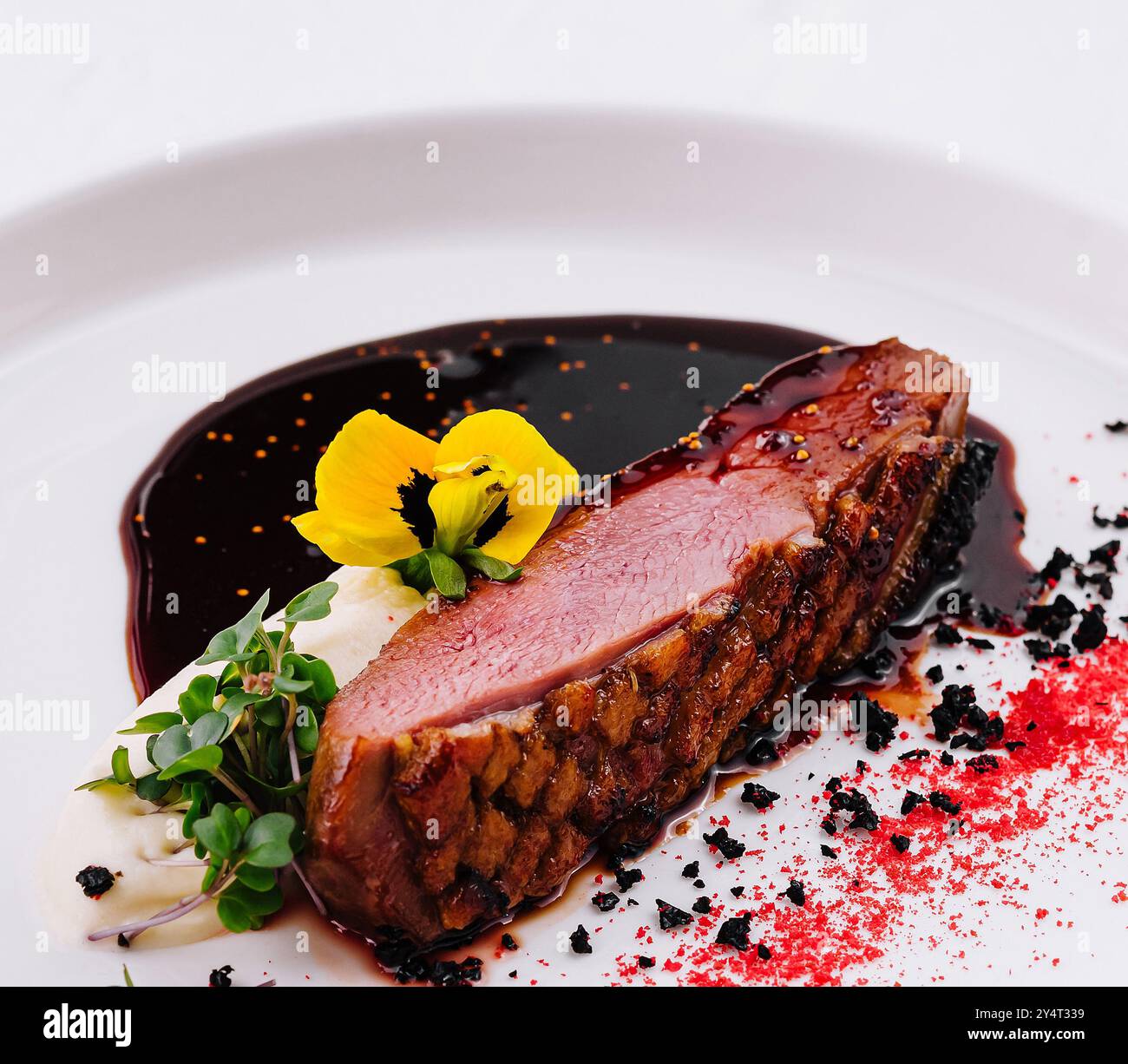 Elegant plated beef steak with a rich red wine sauce, garnished with ...