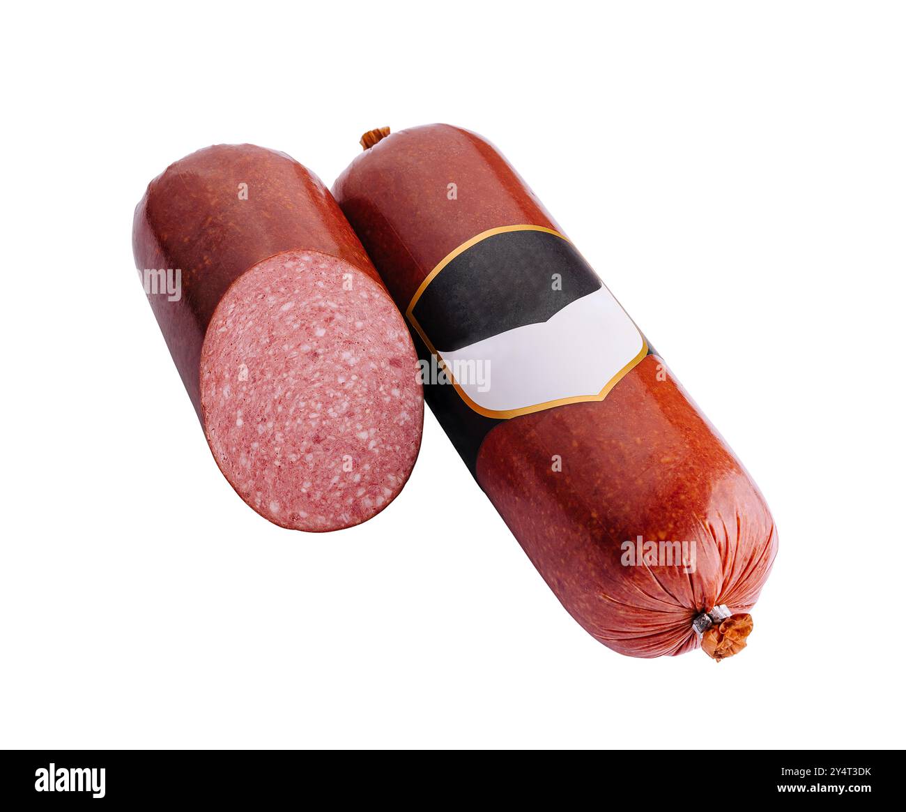Whole and cut salami sausage with label isolated on a white background ...