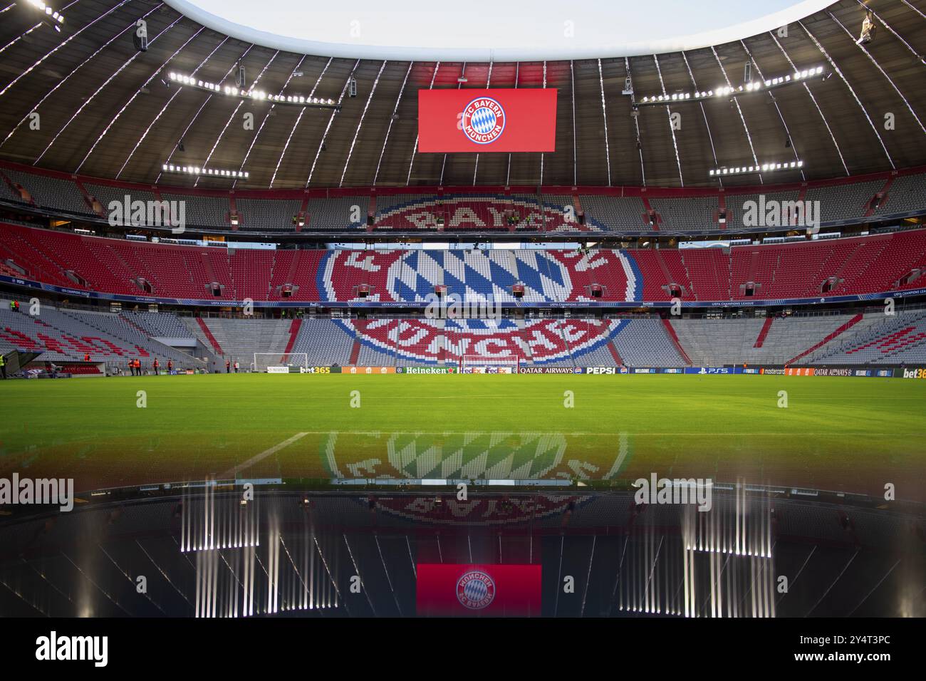 Stadium interior, pitch, scoreboard, FC Bayern Munich FCB logo, empty ...