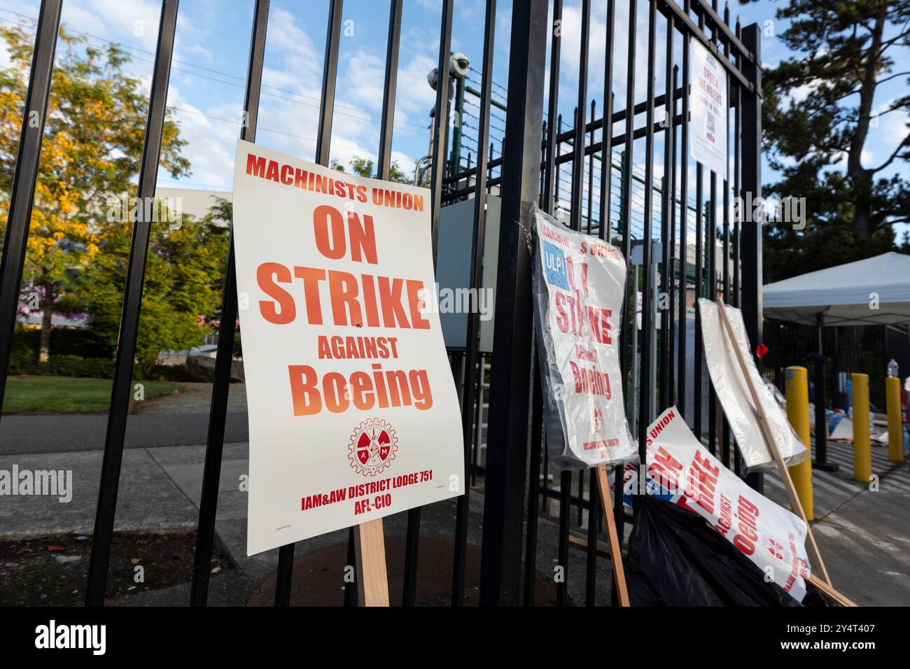 Renton, Washington, USA. 19th September, 2024. Picket signs await ...