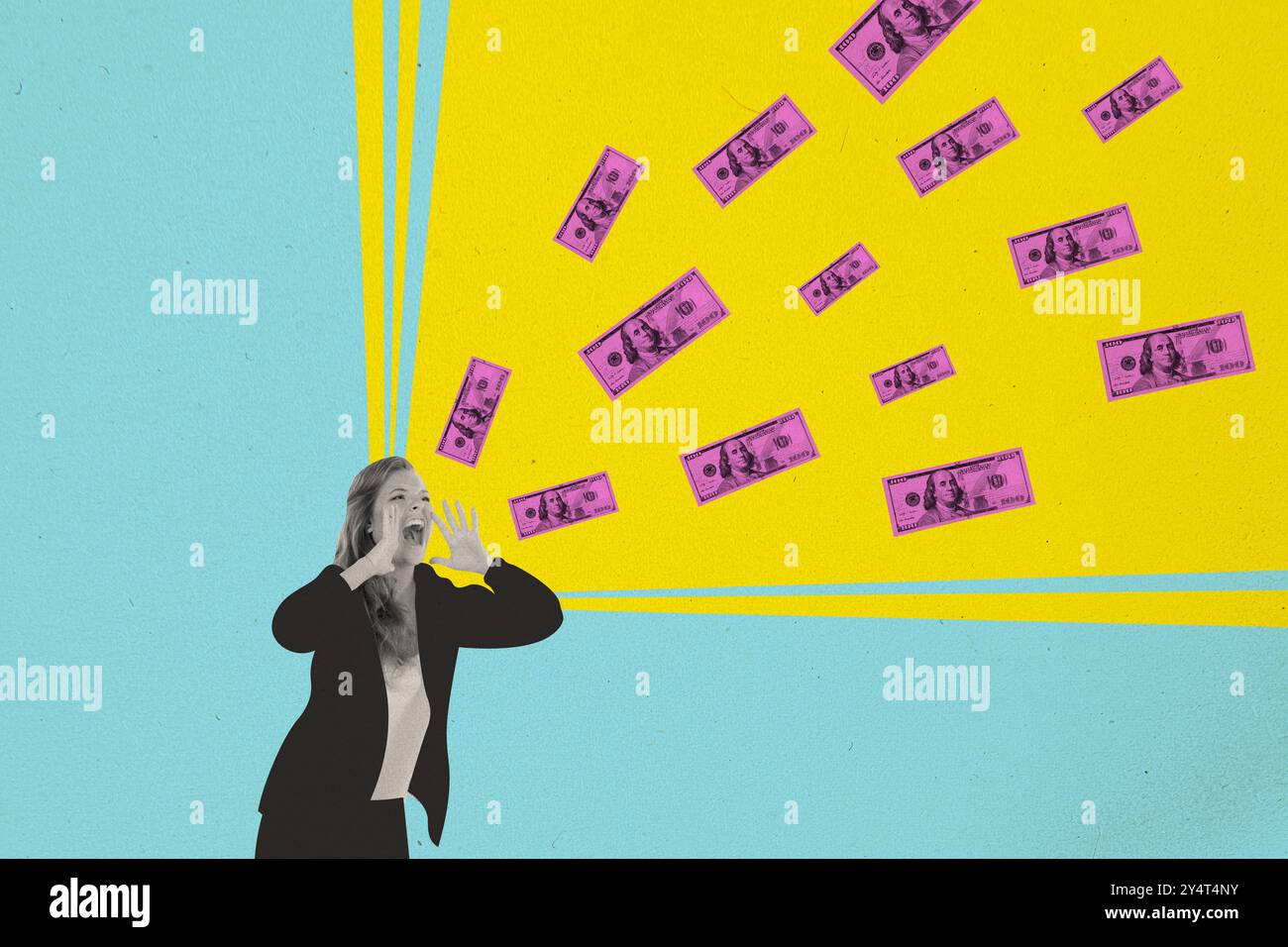 Artwork collage of angry beautiful woman screaming loud flying air ...