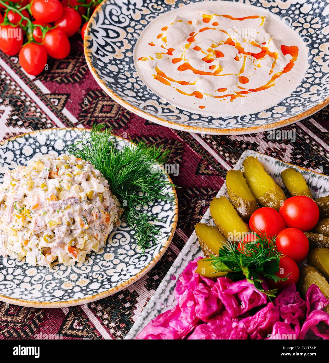 Vibrant display of slavic dishes featuring pickles, cabbage, and ...
