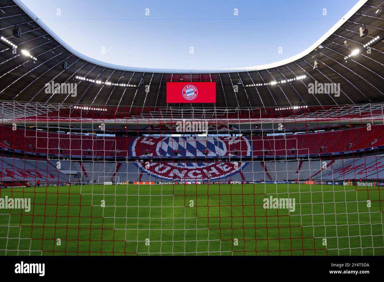 Stadium interior, pitch, scoreboard, FC Bayern Munich FCB logo, empty ...