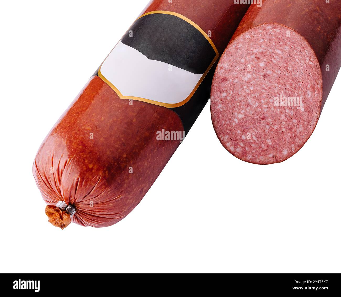 Whole and cut salami sausage with label isolated on a white background ...