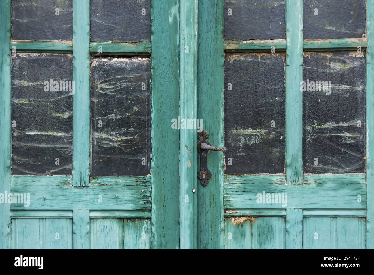 Old dilapidated turquoise door, detail, transom window, wood, wooden ...