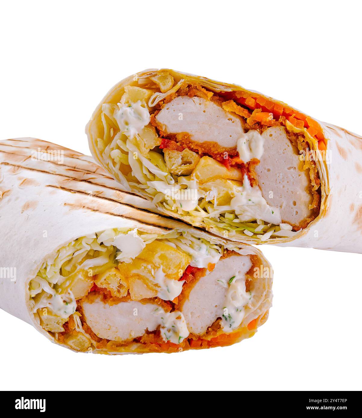 Savory chicken wrap sandwich with fresh ingredients, sliced in half ...