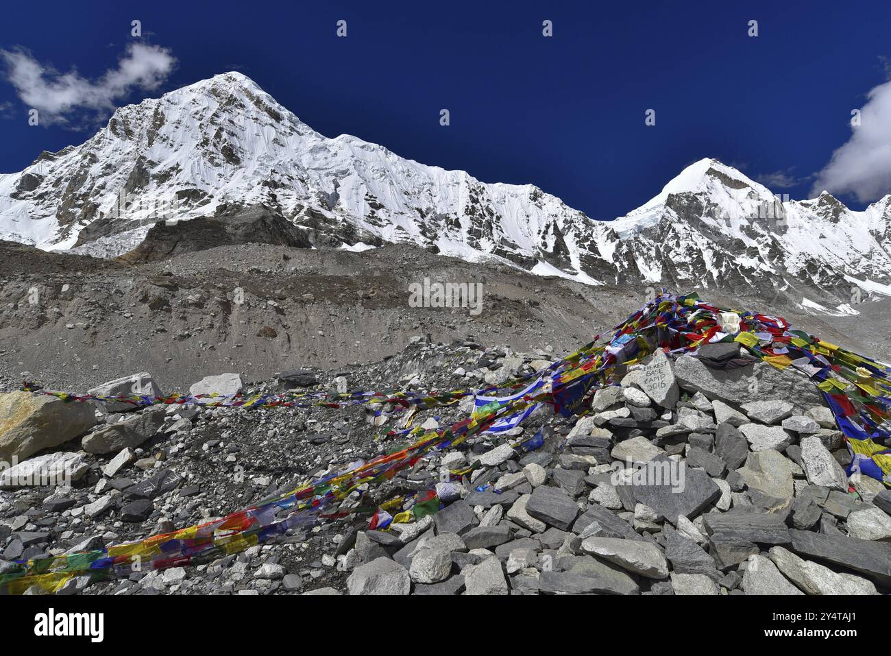 Everest Base Camp surrounded by snow mountains of Himalayas in Nepal ...