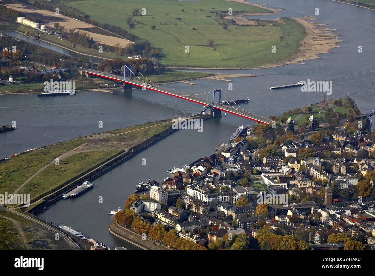 Bridge over the Rhine with harbour entrance to Duisburg harbour ...