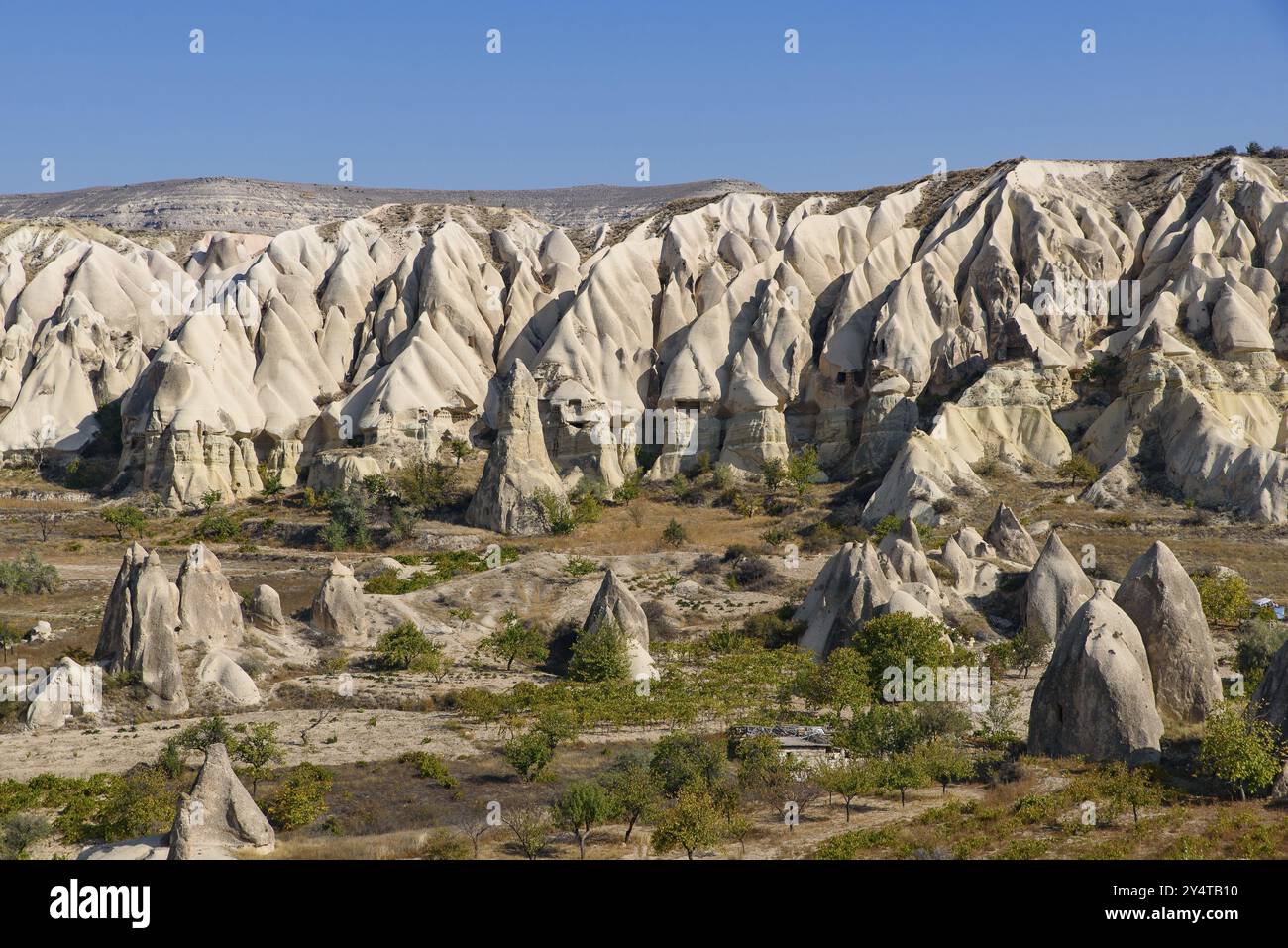 Rock formations of mountain ridges, valleys and pinnacles at Goereme ...