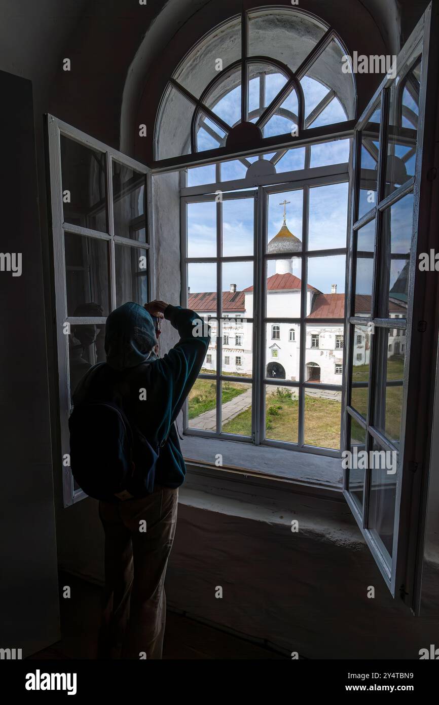 A view through the window of the Russian Orthodox Solovetsky Monastery ...