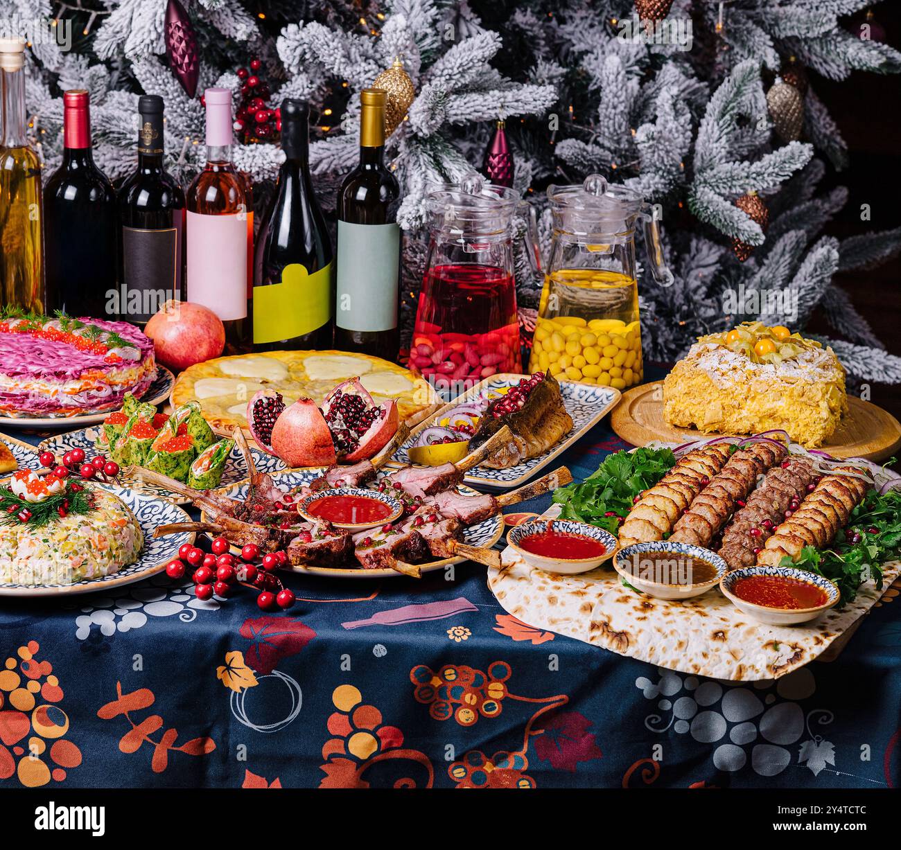 Lavish festive table with diverse cuisine and wine, ready for a ...