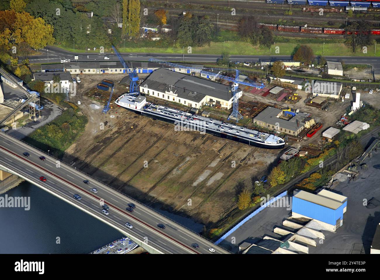 Ship in dry dock. Repair yard near Duisburg, ships, shipping, barge ...