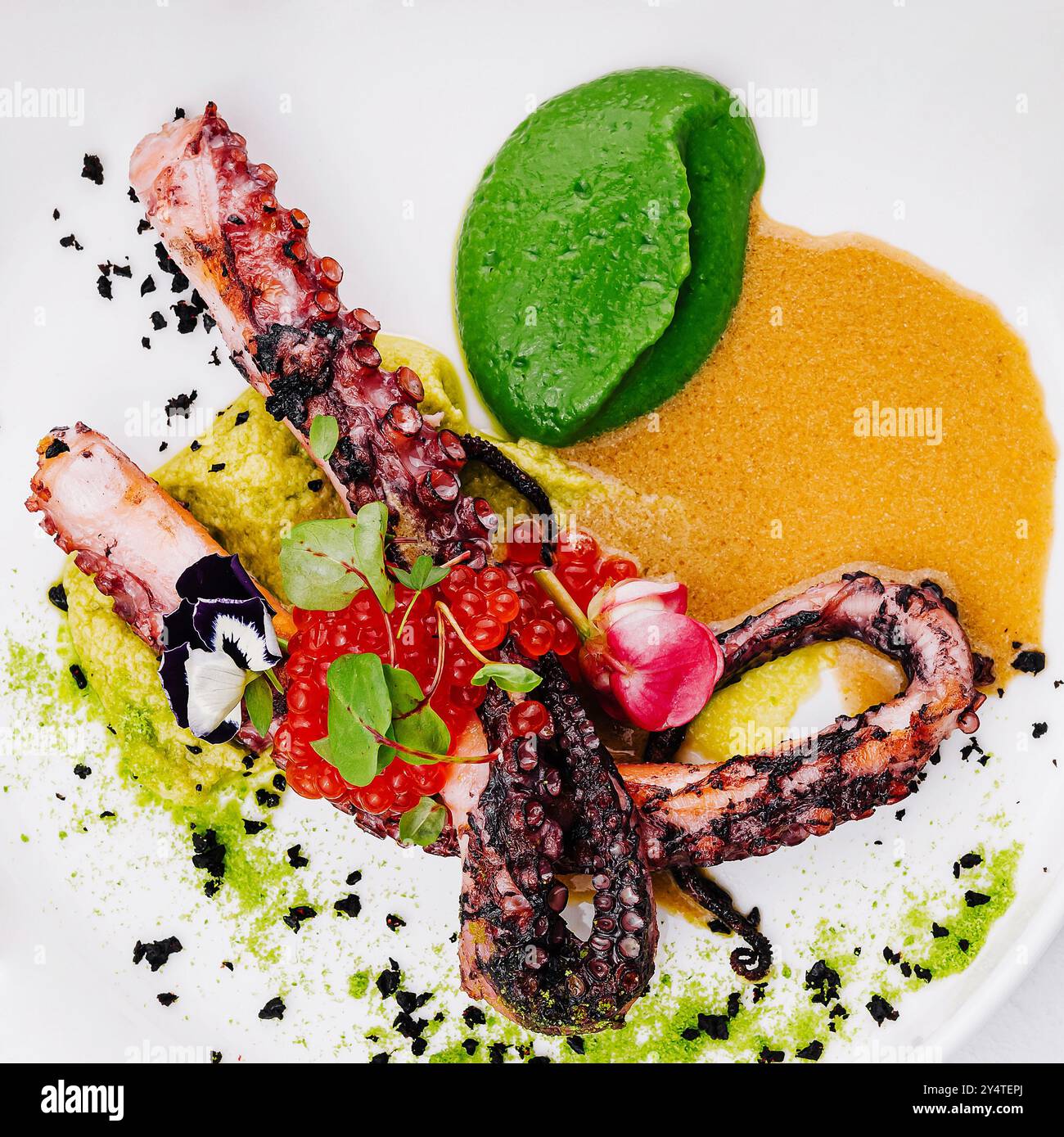 Elegant plated dish of grilled octopus with colorful vegetable purees ...