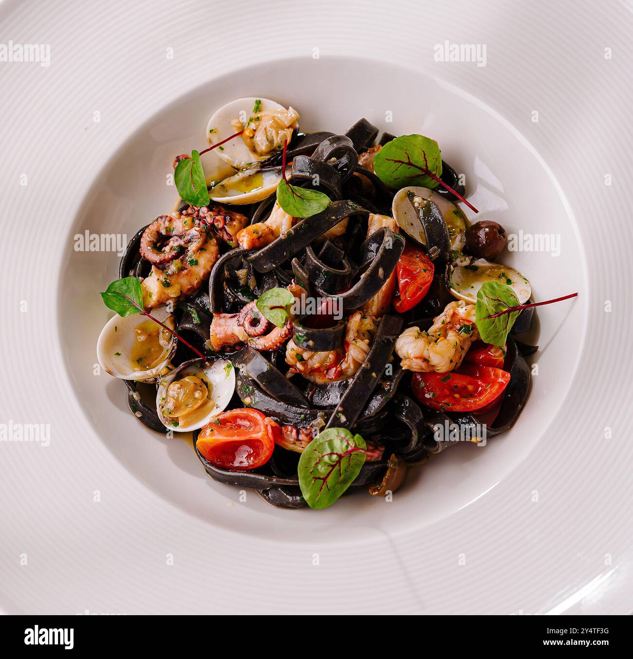Elegant plate of squid ink spaghetti with mixed seafood hi-res stock ...