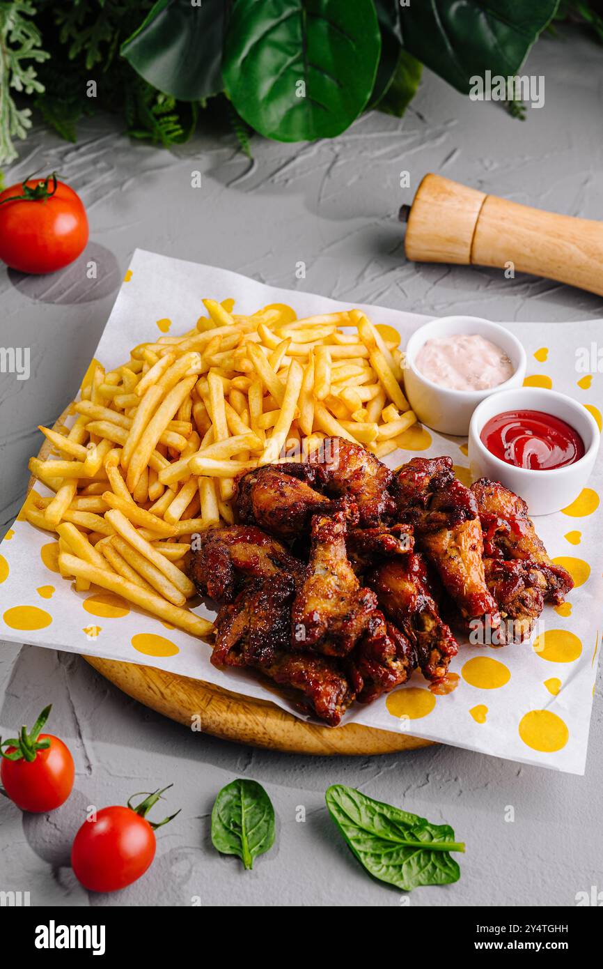Delicious golden fried chicken wings with french fries and sauces ...
