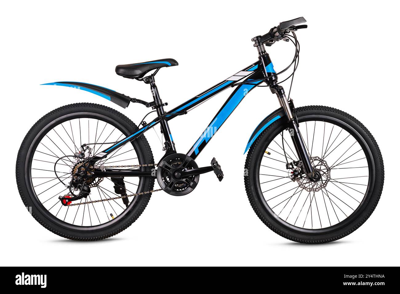 Sleek mountain bike with vivid blue and black design isolated on a ...