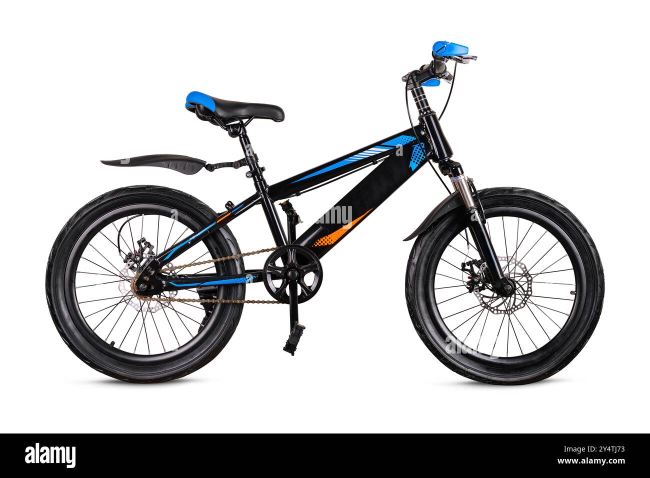 Sleek black and blue bmx bike with vibrant detailing stands isolated ...
