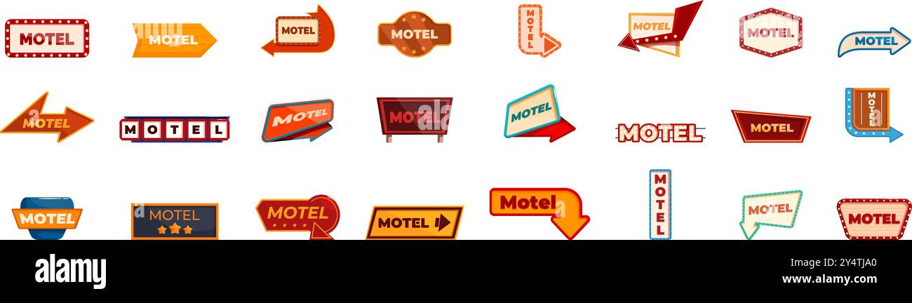 Motel signboard icons set. This set features various motel signs ...