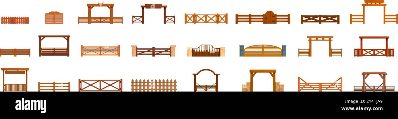 Ranch gate icons set. Set of different fences for ranch or farm ...