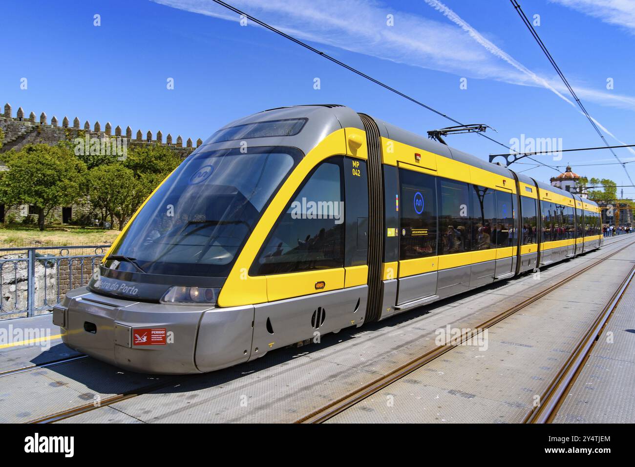 Train running on Dom Luis I Bridge, a double-deck bridge across the ...