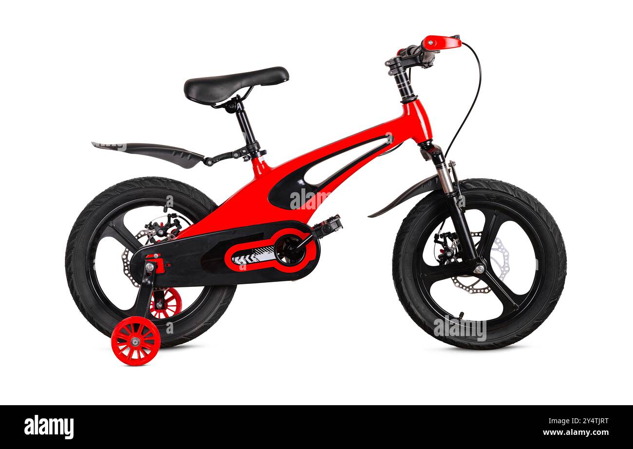 Vibrant red kids' bike with training wheels and black accents ...