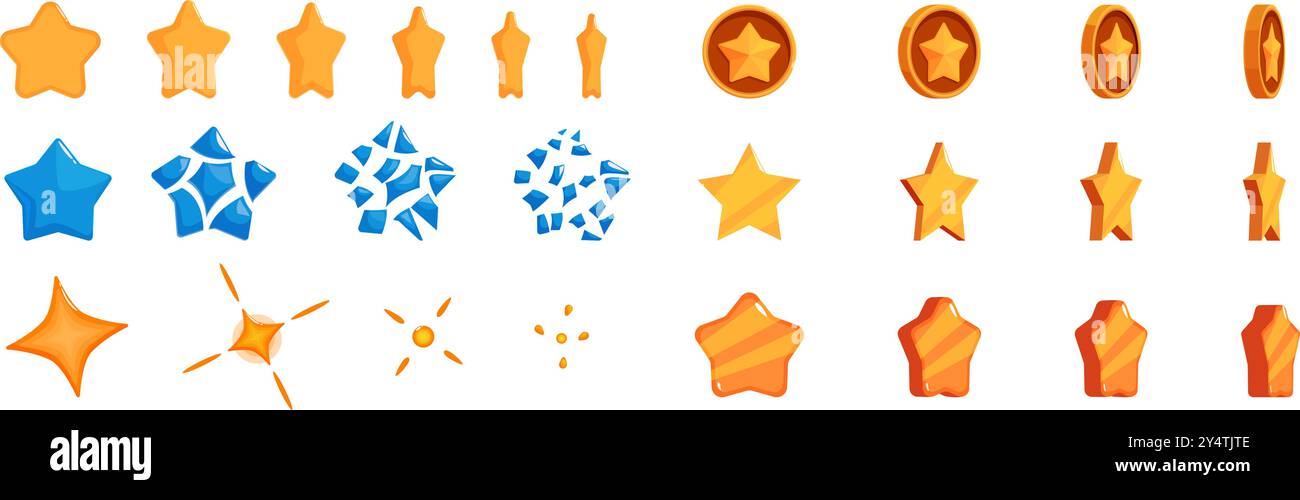 Star animation sprite icons set. This set of cartoon stars and coins is ...