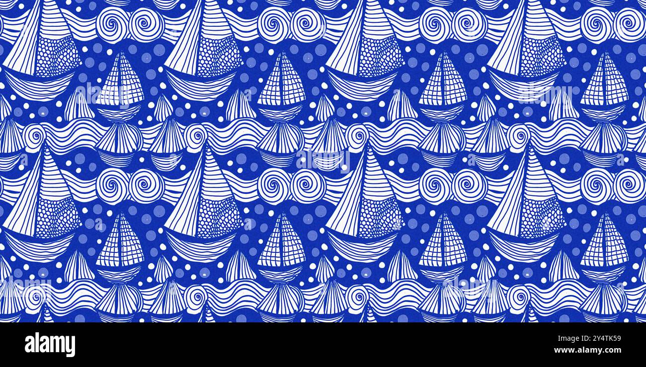 Modern sailing race boat block print banner for decorative coast ...