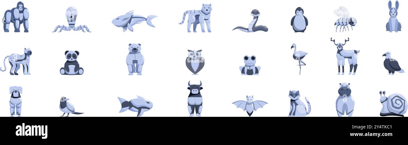 Mechanical animals icons set. Set of robots animals posing with ...