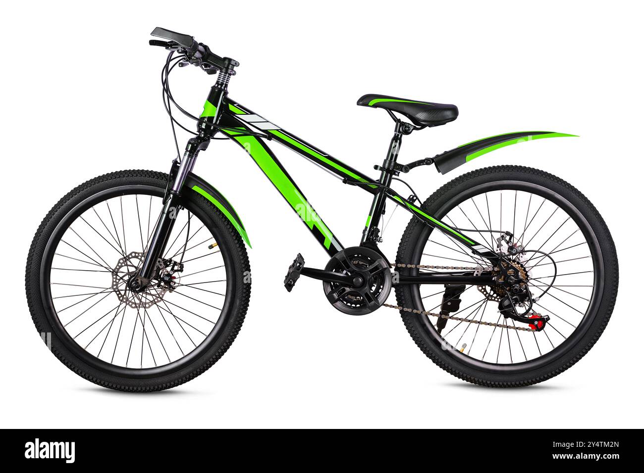 Sleek mountain bike with vivid green and black design isolated on a ...