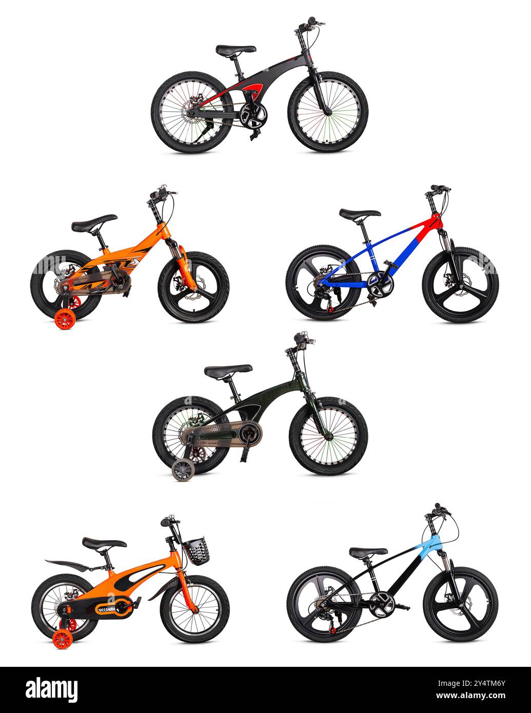 Vibrant different types kid's bicycles with training wheels isolated on ...