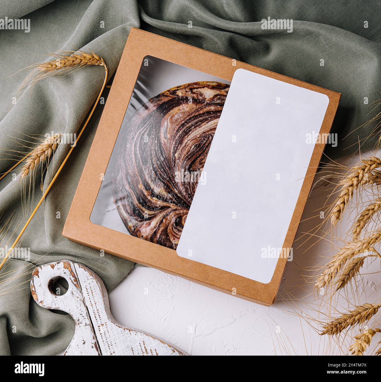 Top view of a blank recipe card on a photo frame with artisan bread ...