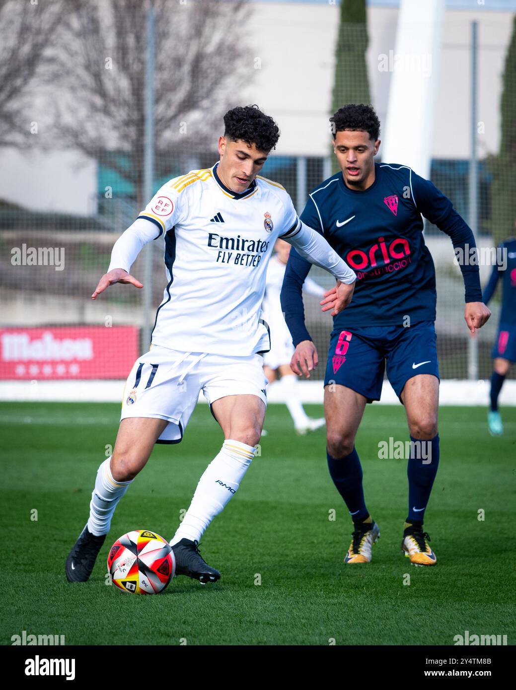 Madrid, Spain. 10 February, 2024. 3 RFEF league. Real Madrid C vs Moscardó. Borja Alonso driving ...