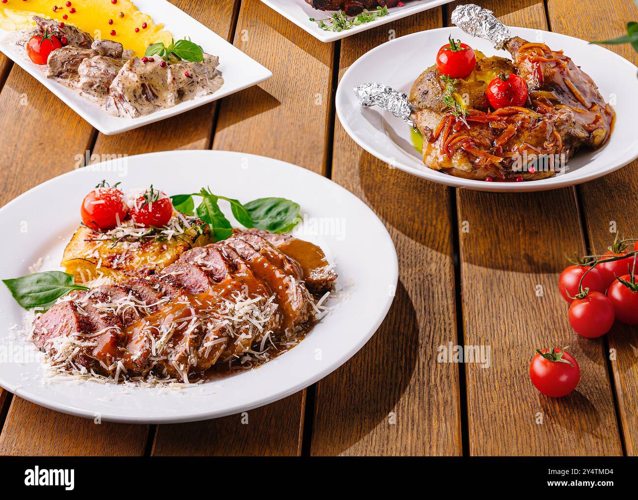 Elegant spread of diverse gourmet meals artfully plated on a rustic ...