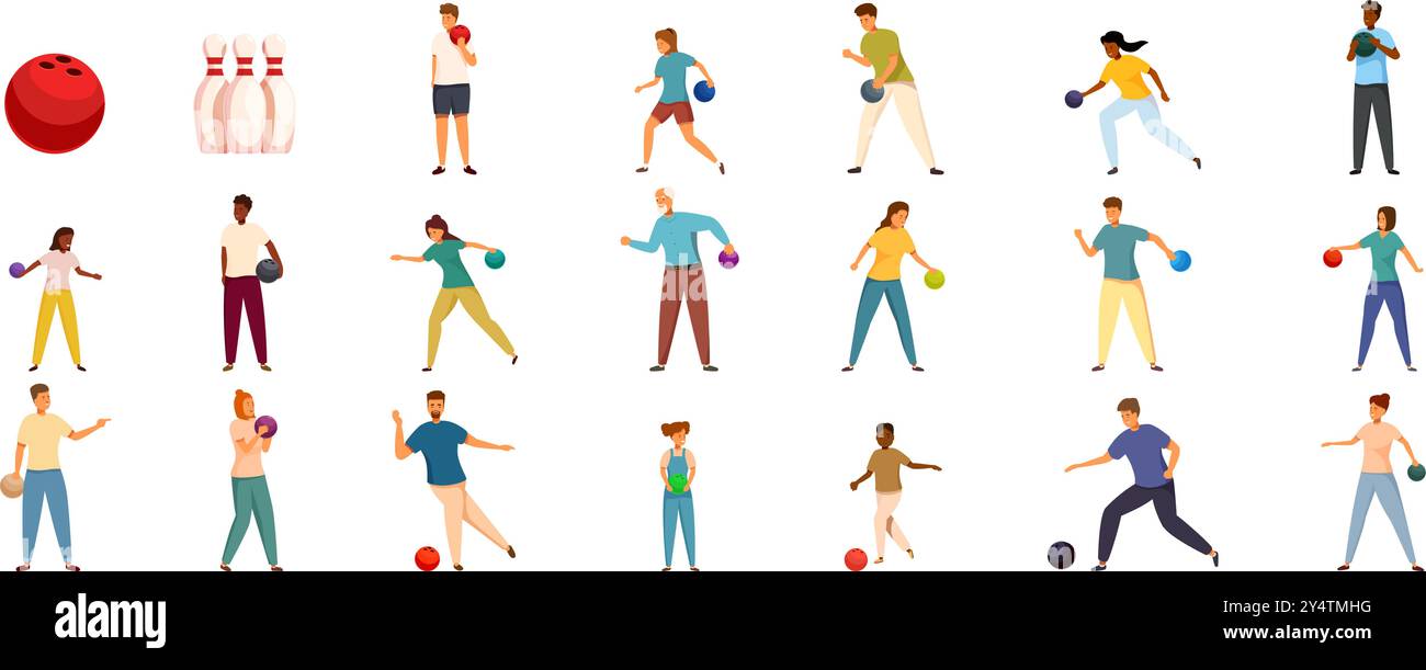 People playing bowling icons set. People playing bowling set ...