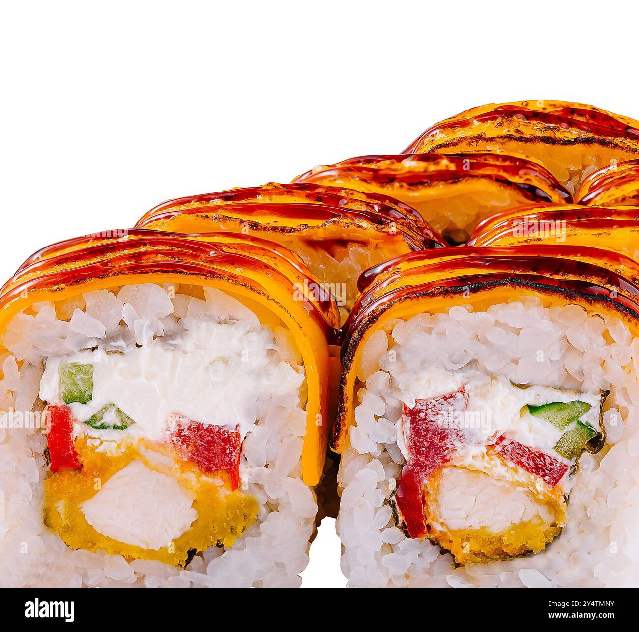 Savory dragon roll sushi with eel and avocado toppings, isolated on a ...