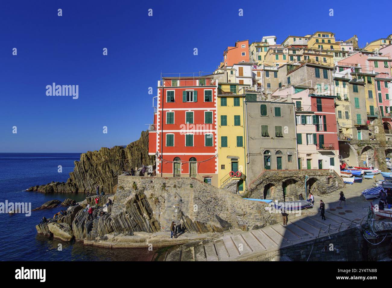 Riomaggiore, one of the five Mediterranean villages in Cinque Terre, Italy, famous for its ...