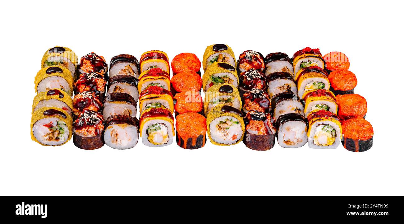 Delicious assortment of colorful maki and uramaki sushi is served on a ...