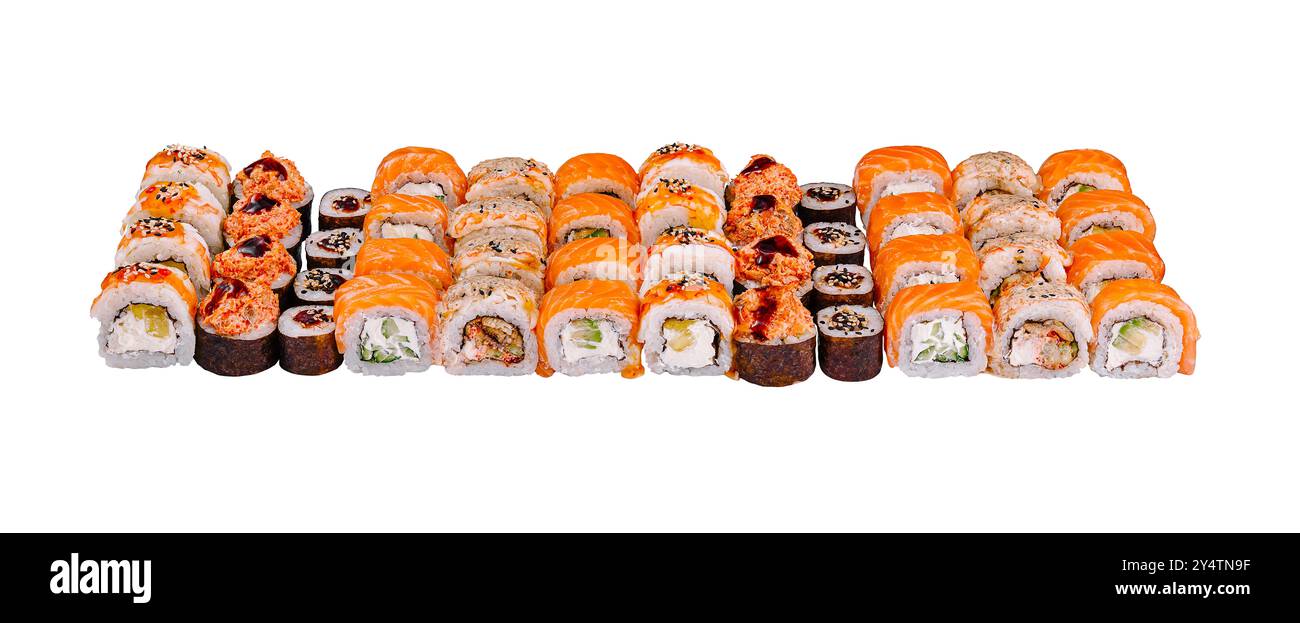 Different kinds of sushi rolls forming a rectangle on white background ...