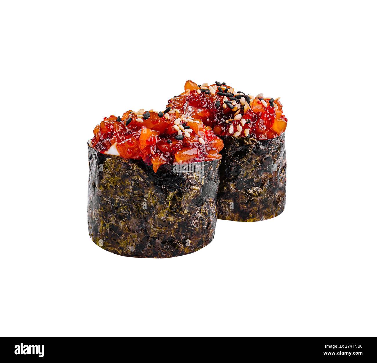 Two gunkan maki sushi rolls with spicy sauce and sesame seeds standing ...