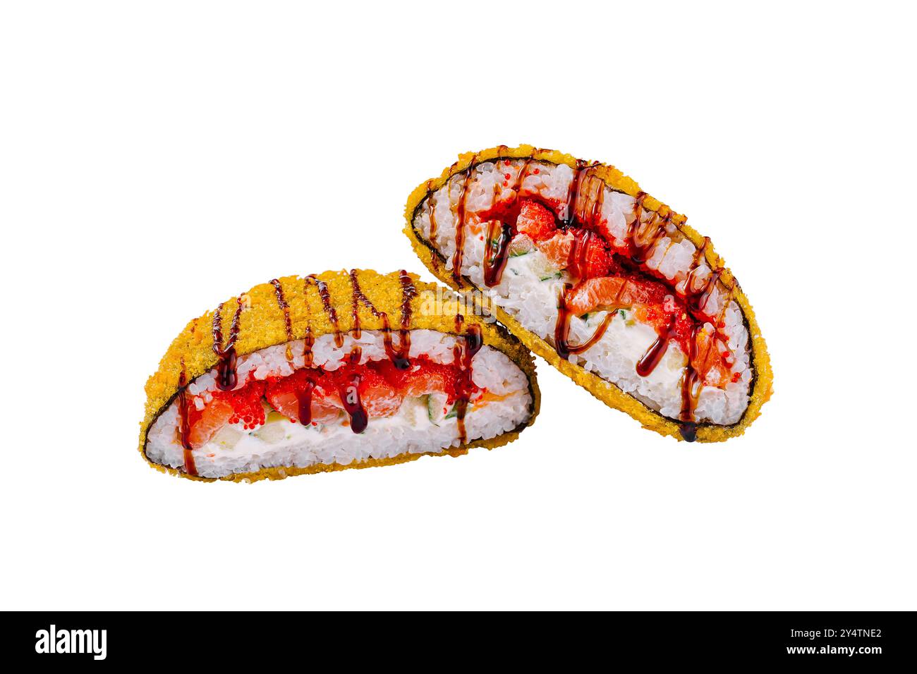 Two sushi rolls cut in half lying on a white background, showing the ...