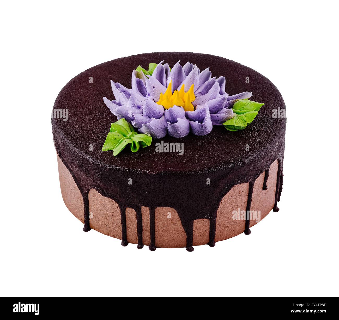 Chocolate cake with dripping chocolate icing decorated with buttercream ...