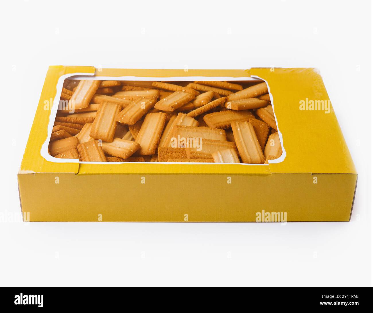 Yellow cardboard box with a transparent window showing rectangular ...