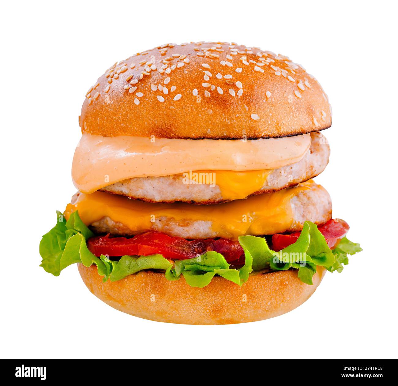 Delicious double burger with crispy patty, melted cheese, fresh vegetables and sauce, isolated ...