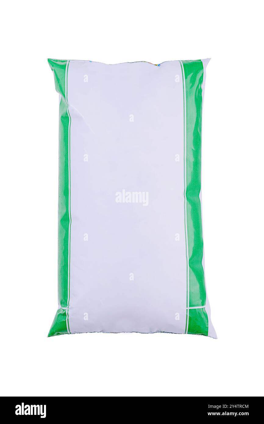 White plastic packaging bag with green stripes for branding, isolated ...