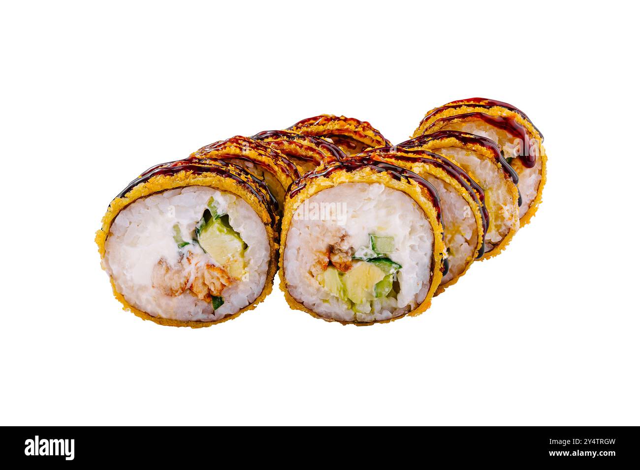 Delicious tempura maki sushi rolls with smoked eel, cream cheese, cucumber, avocado and unagi ...