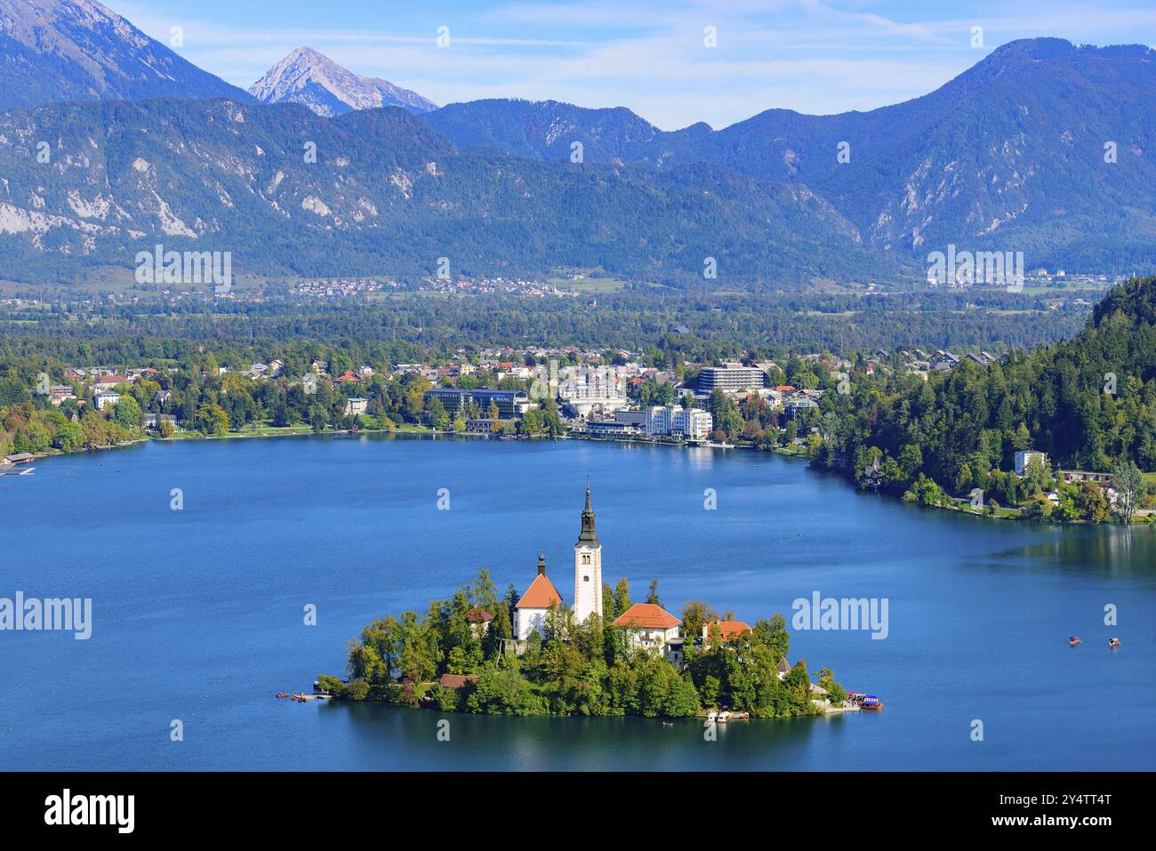 Aerial view of Bled Island and Lake Bled from Osojnica Hill, a popular ...
