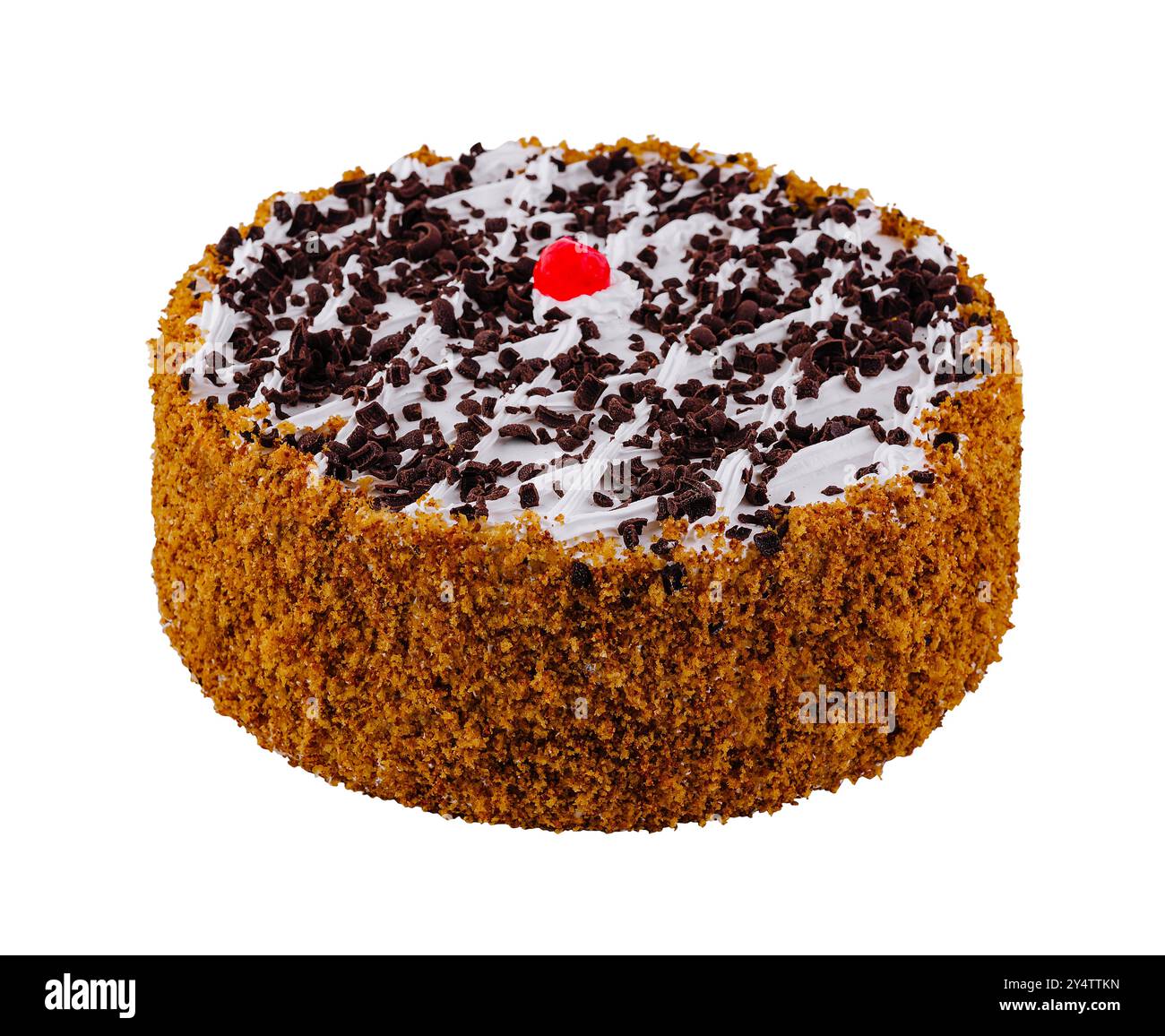 Delicious round chocolate cake with chocolate sprinkles and a cherry on ...