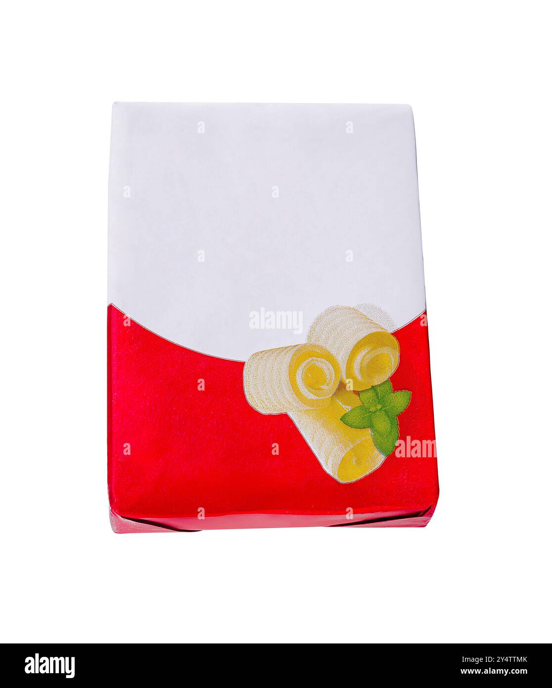 Red and white butter package laying on its side with room for copy on a ...