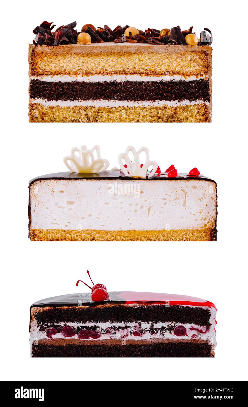 Tempting display of three different slices of cake, featuring chocolate ...